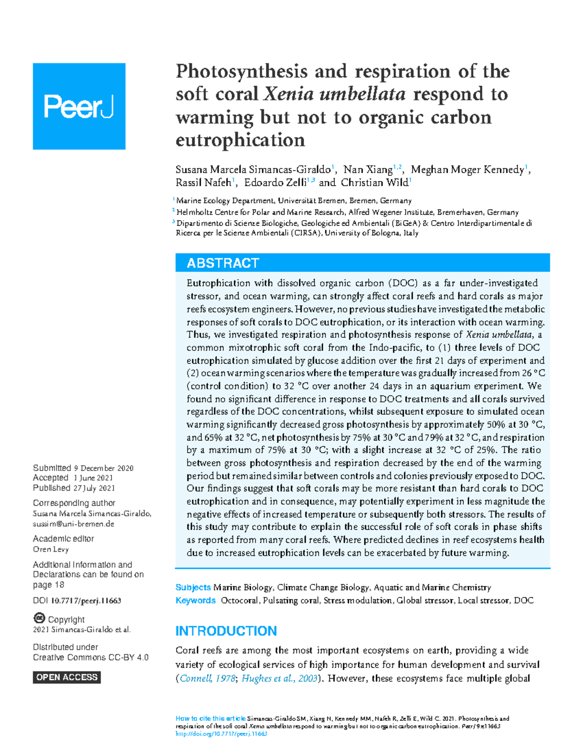 Photosynthesis & Respiration of Soft Coral Xenia umbellata: Effects of ...