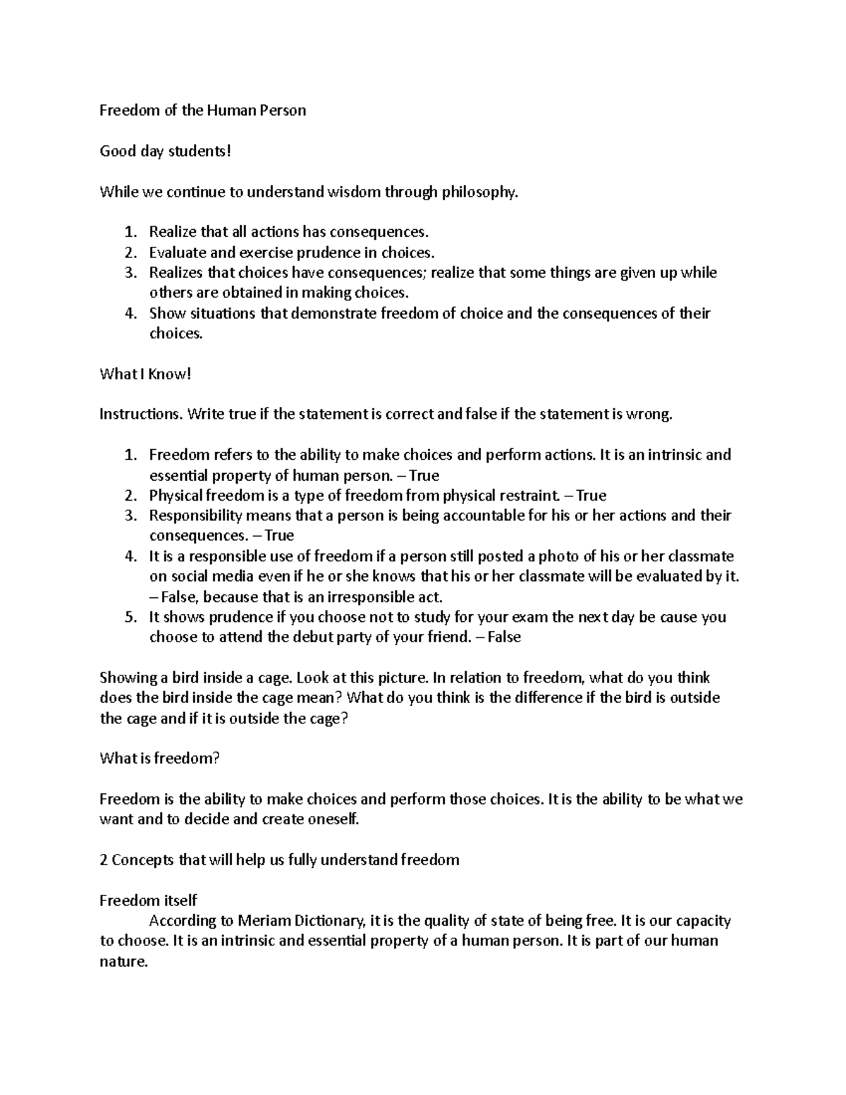 PHIL 101: Understanding Freedom of the Human Person and Its ...