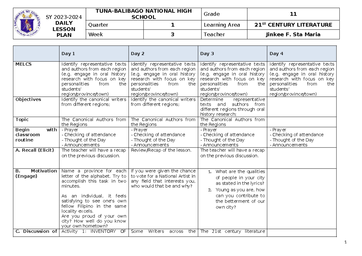 SY 21ST CENTURY LITERATURE DLP Week 3 Lesson Plan - Studocu