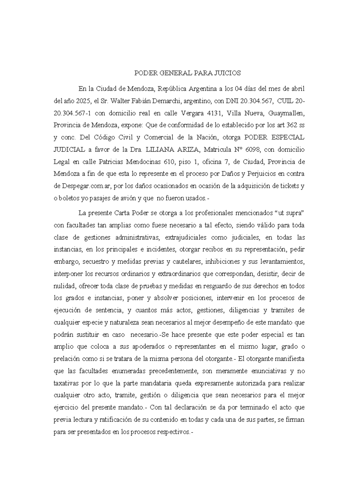 PODER ESPECIAL JUDICIAL - Carta Poder para Juicios en Mendoza - Studocu