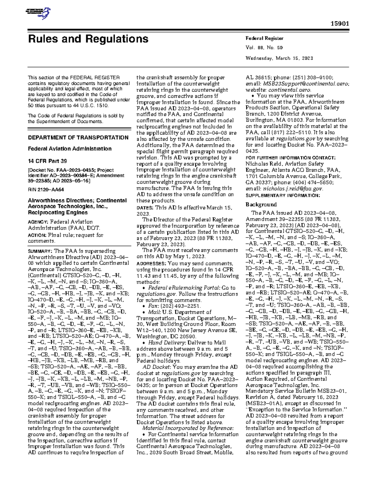 Final Rule on Airworthiness Directive for Continental Engines - 14 CFR ...