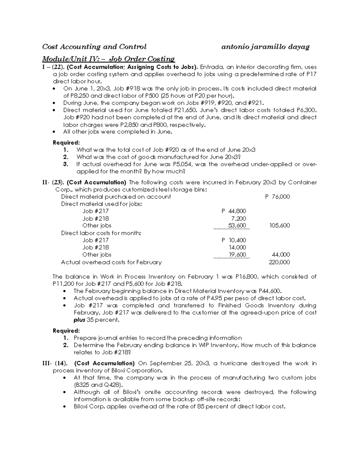 Job Order Costing Analysis - ACCT 202 Module IV Handouts 2022 - Studocu