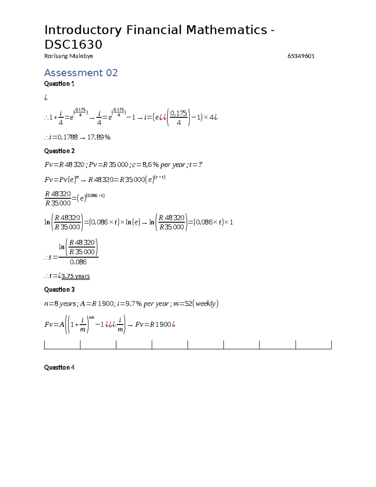 Assessment 02 solutions for introductory financial mathematics DSC1630 ...