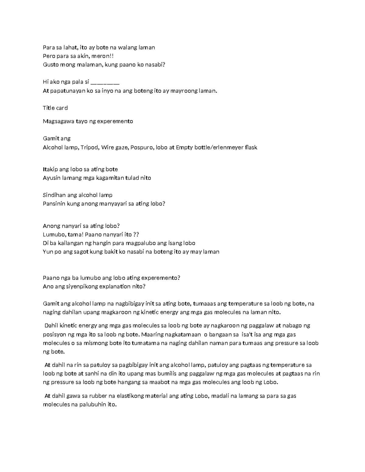 Siyensikula - Sample Experiment Script on Gas Laws and Pressure - Studocu