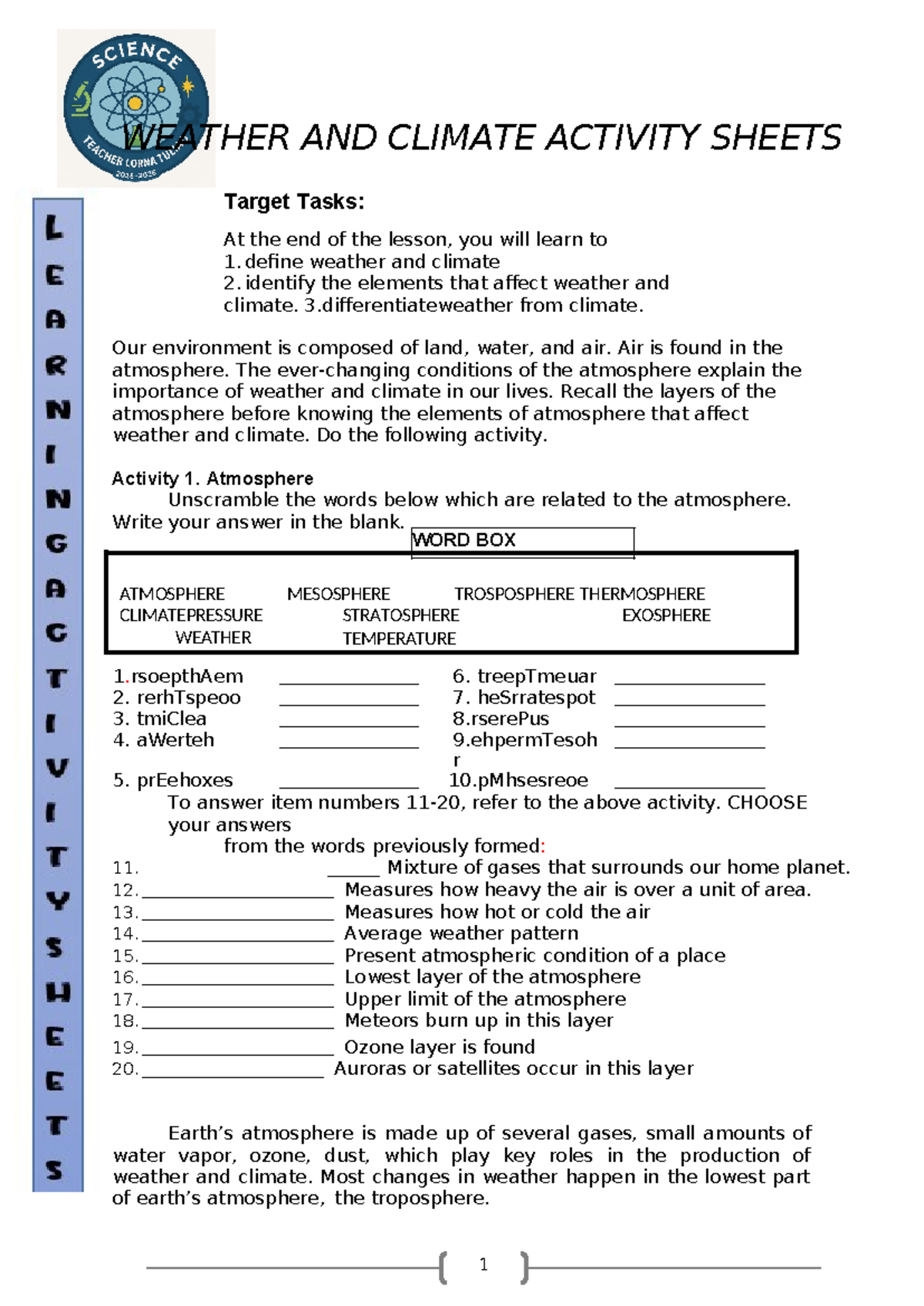 Weather & Climate Activity Sheets: Understanding Key Concepts - Studocu