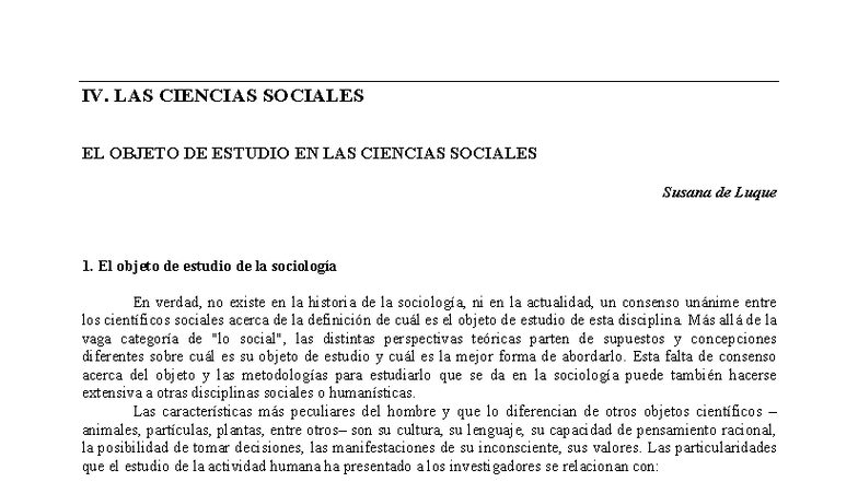 IV. EL OBJETO DE ESTUDIO EN LAS CIENCIAS SOCIALES - Susana de Luque ...