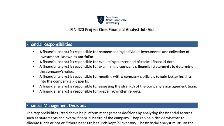 FIN 320 Project One: Financial Analyst Responsibilities & Insights ...