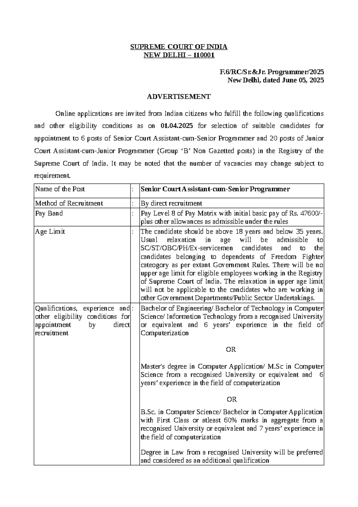 SCI Programmer Recruitment Notification for Senior & Junior Posts - Studocu
