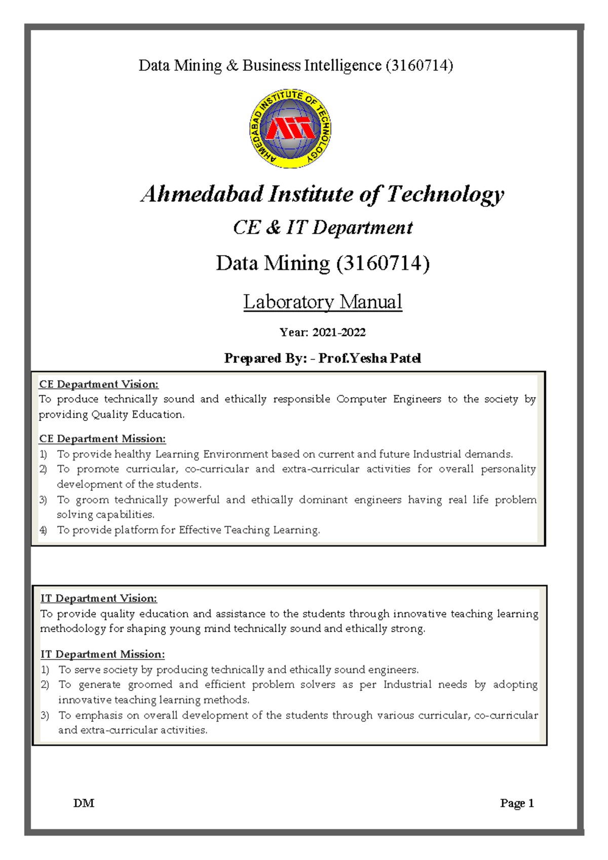 Data Mining Lab Manual (3160714) - Experiments and Guidelines - Studocu
