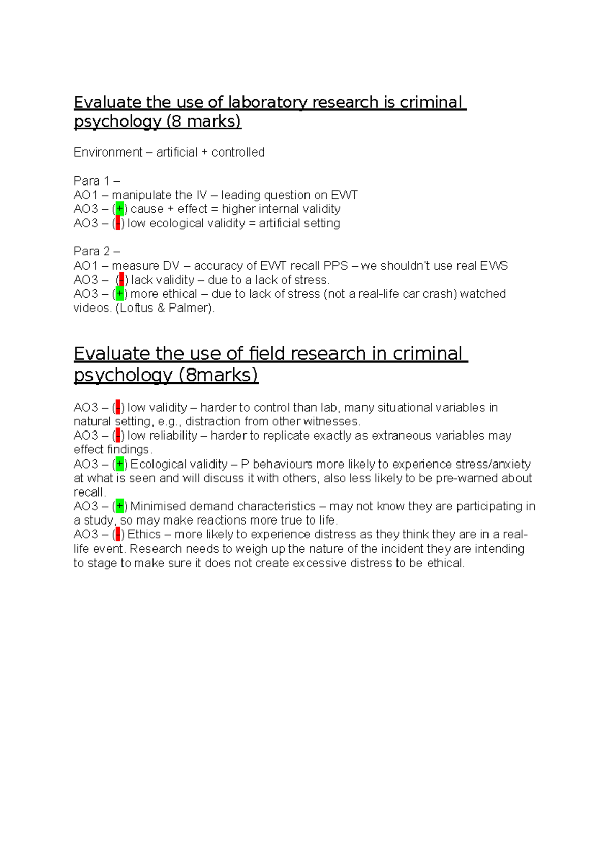 Evaluate Laboratory vs Field Research in Criminal Psychology (8 Marks) - Studocu