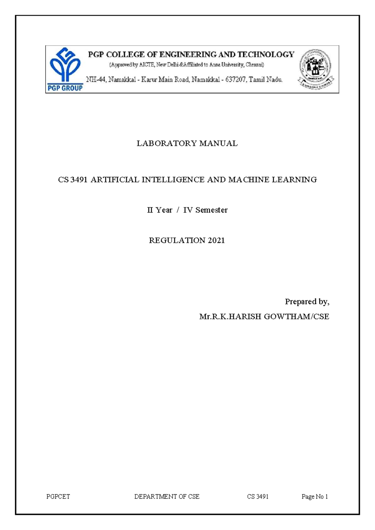 CS 3491 AI ML LAB - EVEN SEMESTER REGULATION 2021 INTEGRATED SUBJECT LAB MANUAL - PGPCET ...
