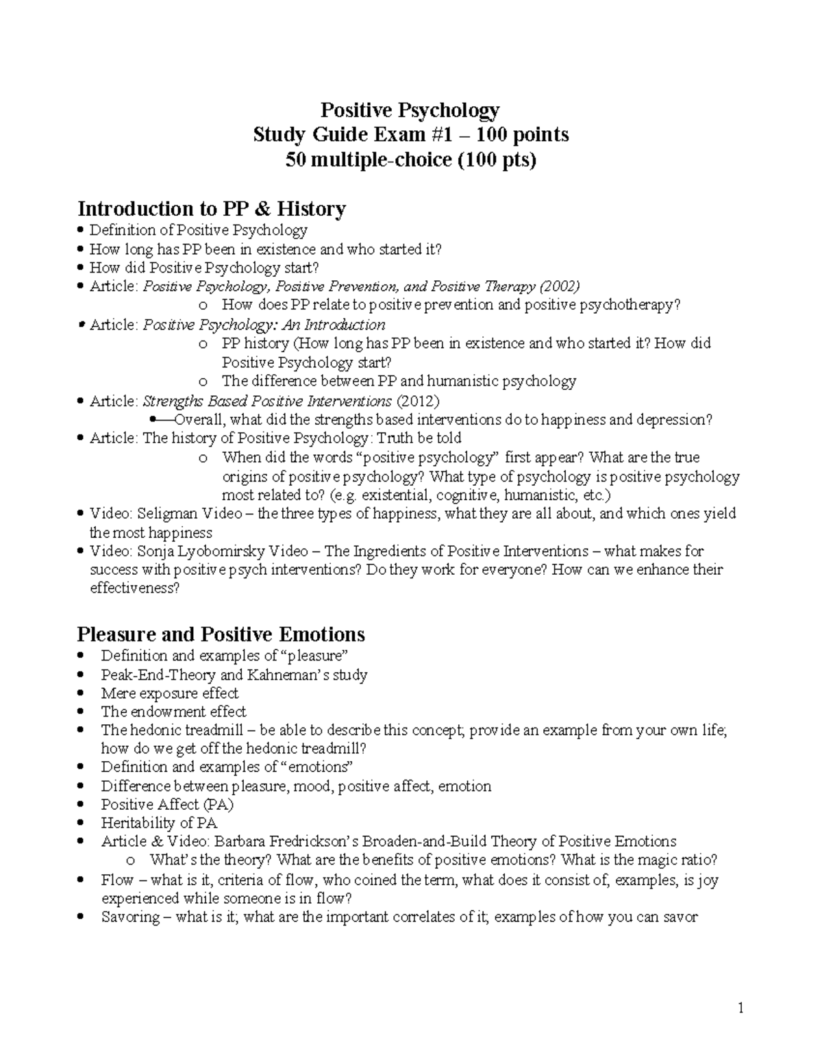 Positive Psychology Study Guide: Exam #1 (PP 100 pts) - Studocu