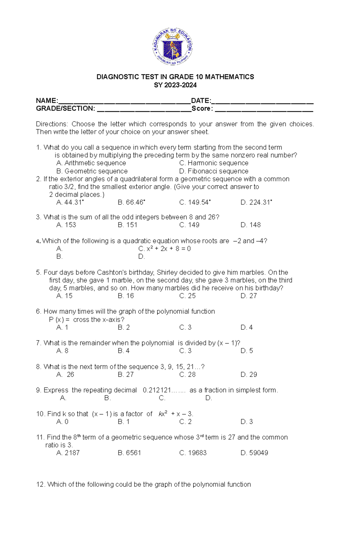 Mathematics 10 Diagnostic Test - Assessment for SY 2023 - Studocu