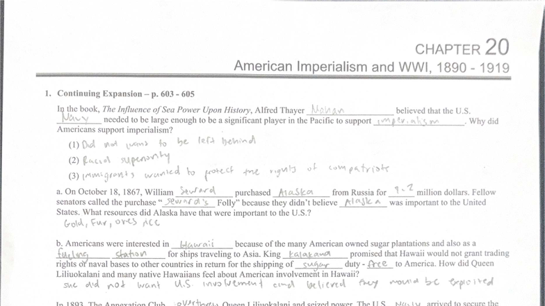 CHAPTER 20 - American Imperialism and WWI: Guided Readings (1890-1919 ...