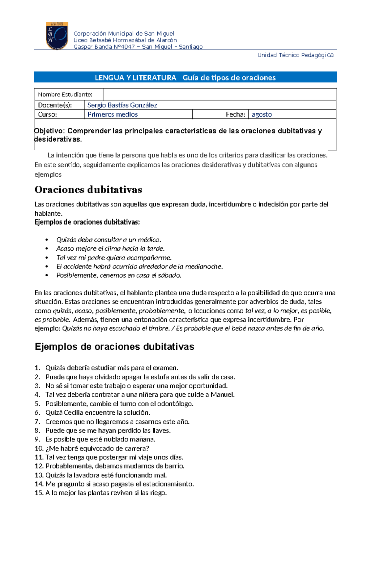 Guía de Oraciones Dubitativas y Desiderativas - LENGUA Y LITERATURA 1º ...