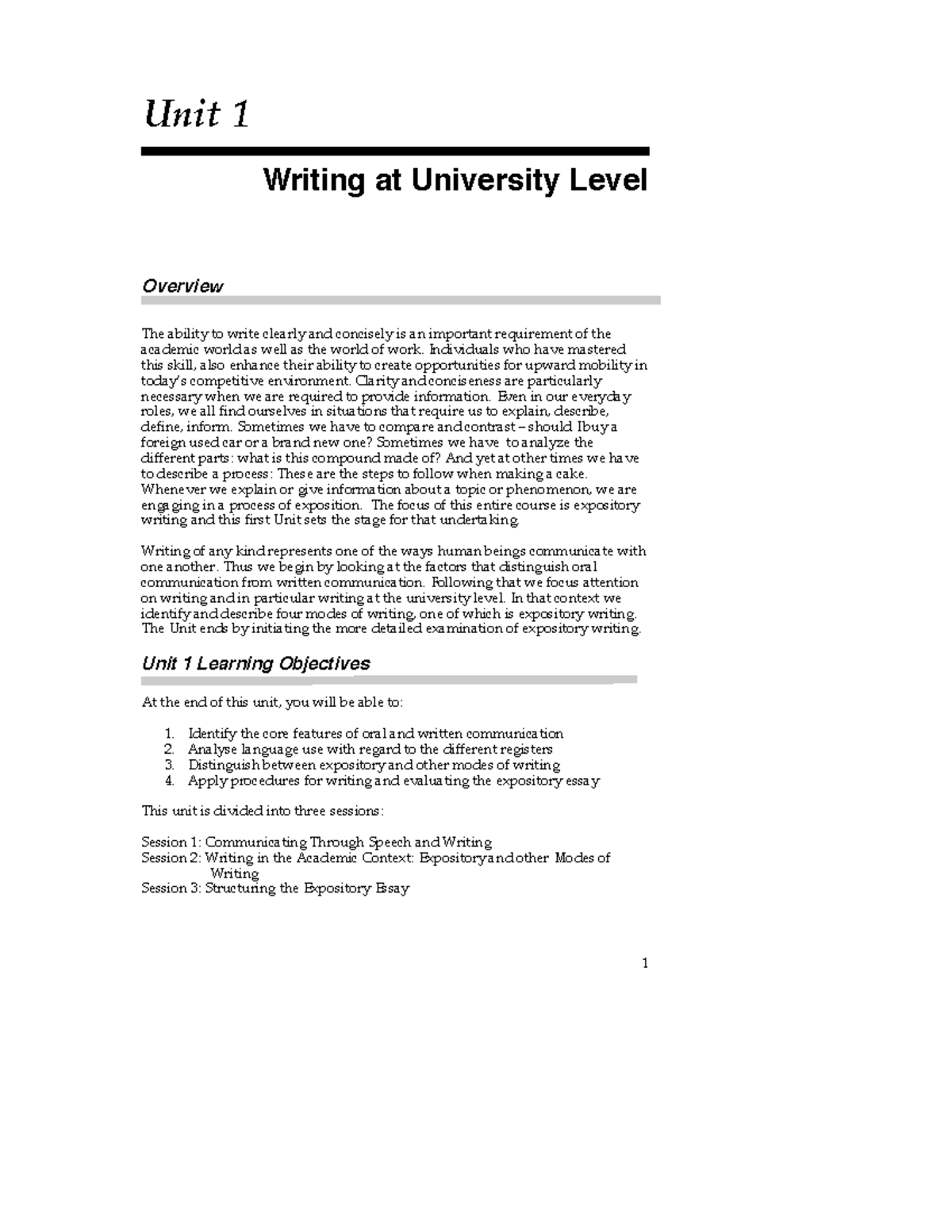 Unit 1: Overview of Expository Writing at University Level - Studocu