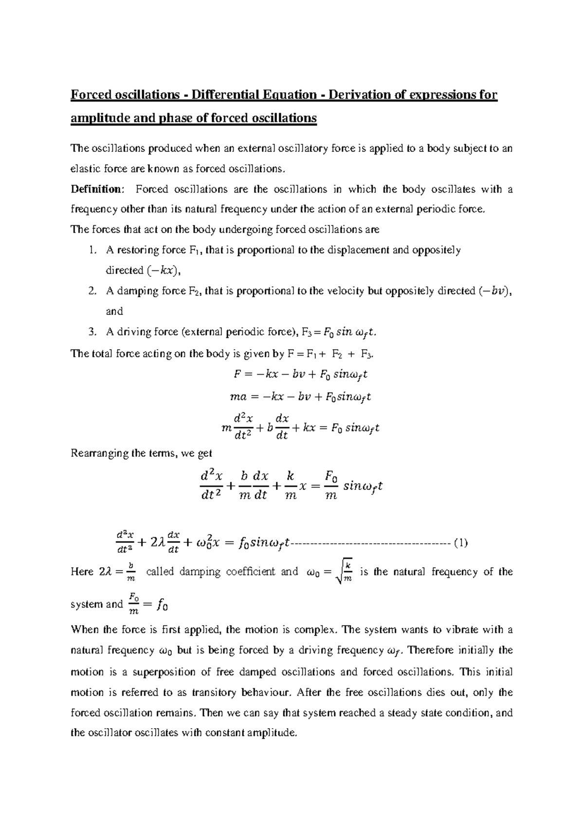 Module 1B Forced harmonic Oscillator - Forced oscillations ...