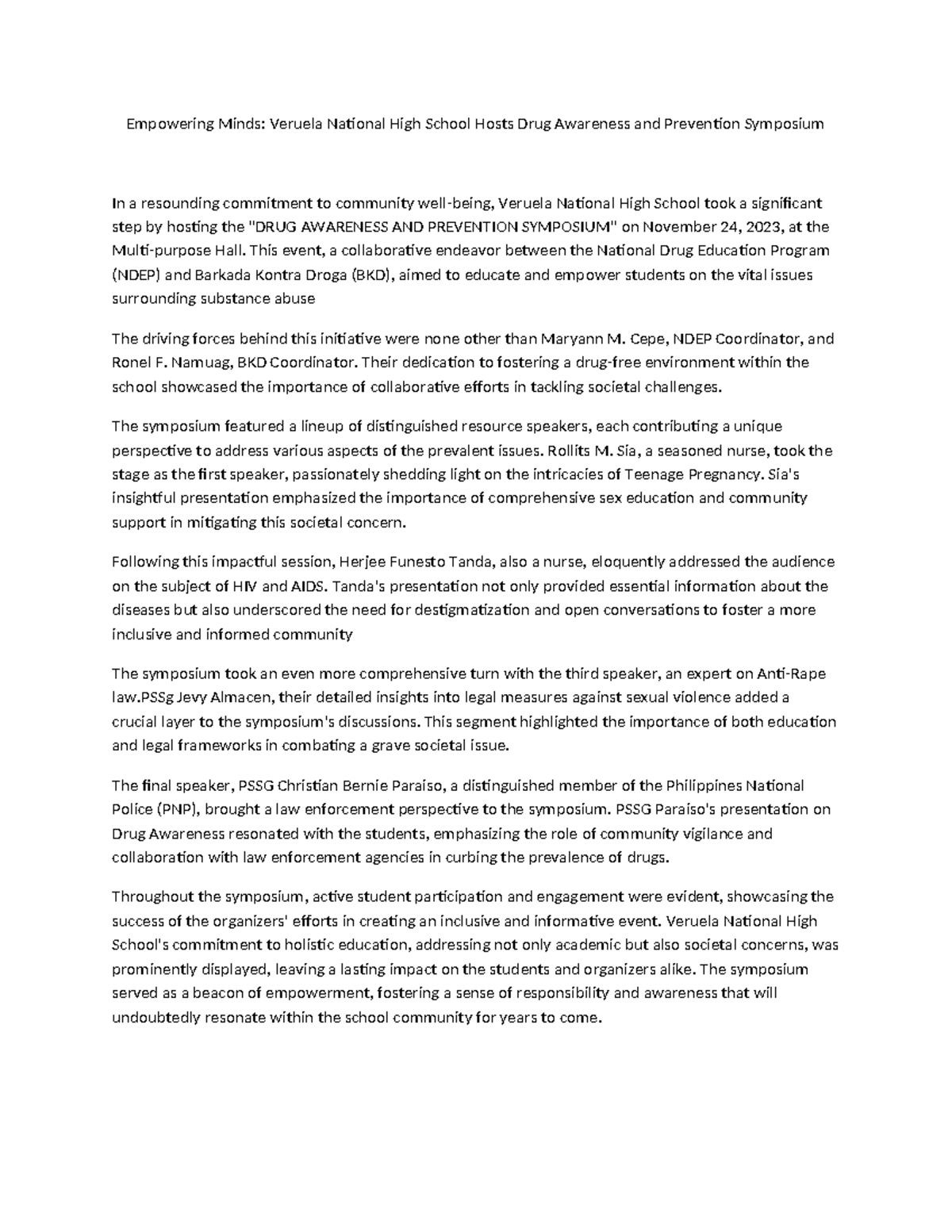 Empowering Minds: Drug Awareness Symposium at Veruela NHS - Studocu