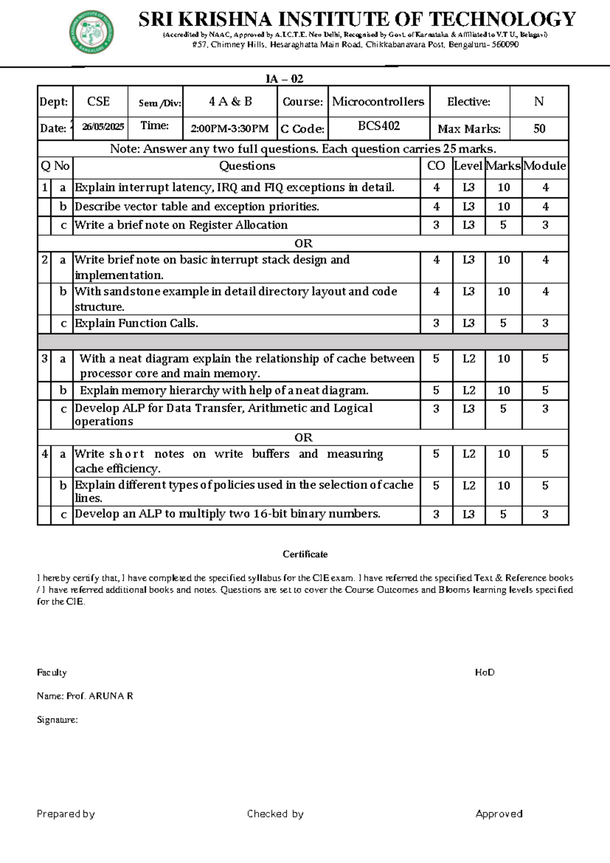 Microcontroller BCS402 IA2 Exam: Interrupts, Cache, Memory Hierarchy - Studocu