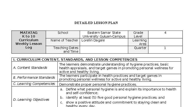 Detailed Lesson Plan: Personal Hygiene Practices for MATATAG K to 10 ...