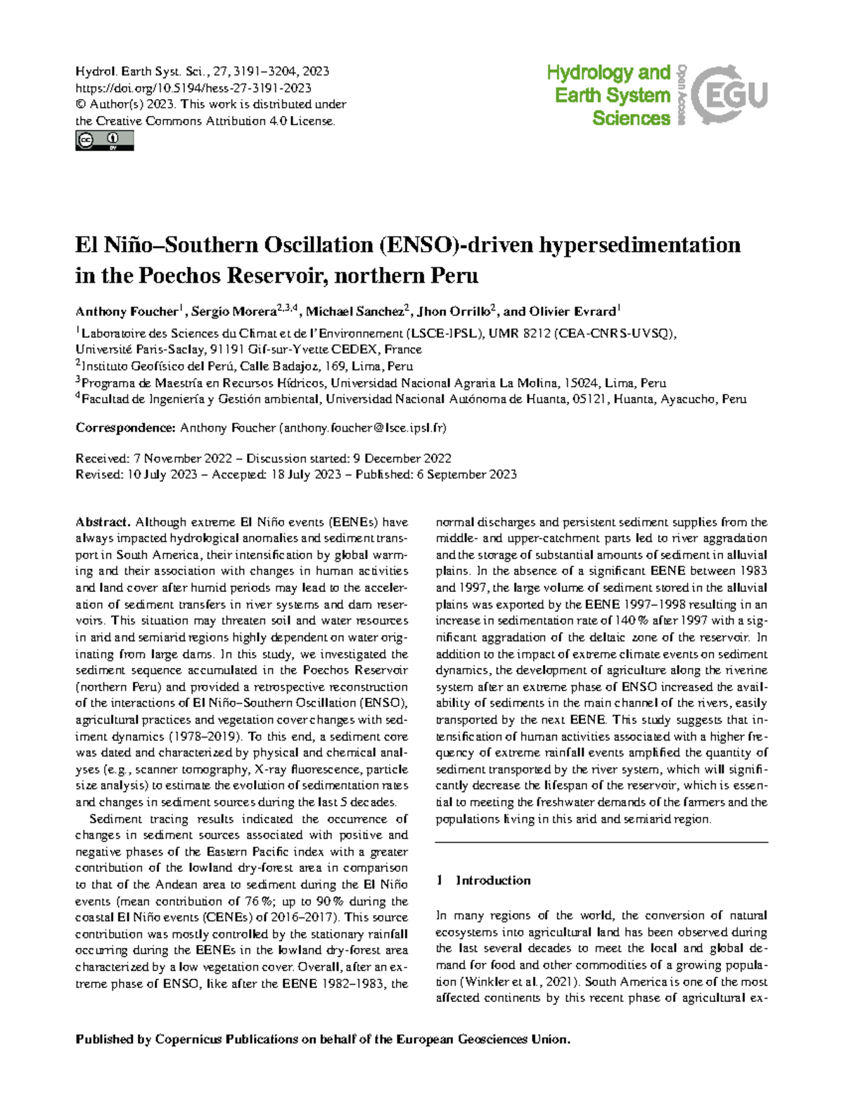 ENSO Impacts on Sediment Dynamics in the Poechos Reservoir (Hydrol ...