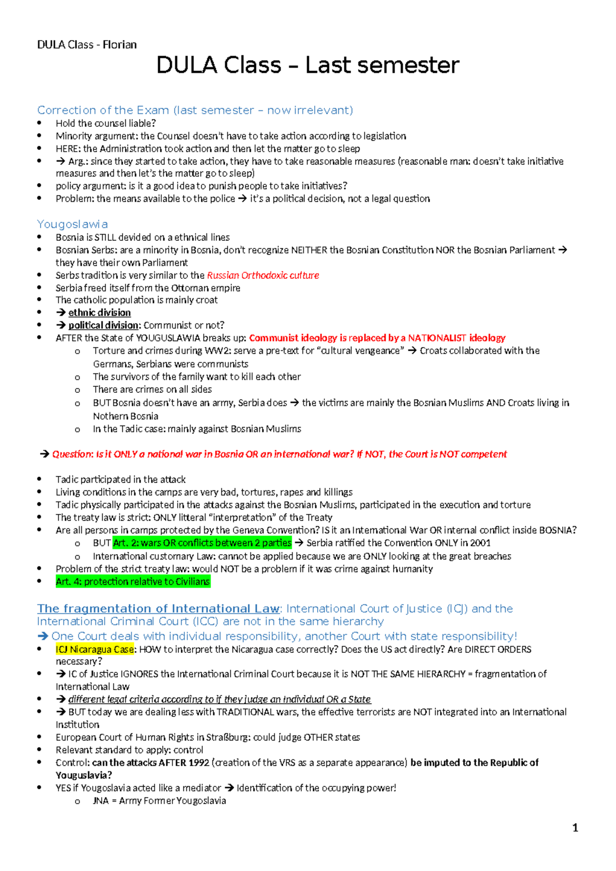 DULA Class - Exam Corrections and Legal Analysis on Bosnia Conflict ...