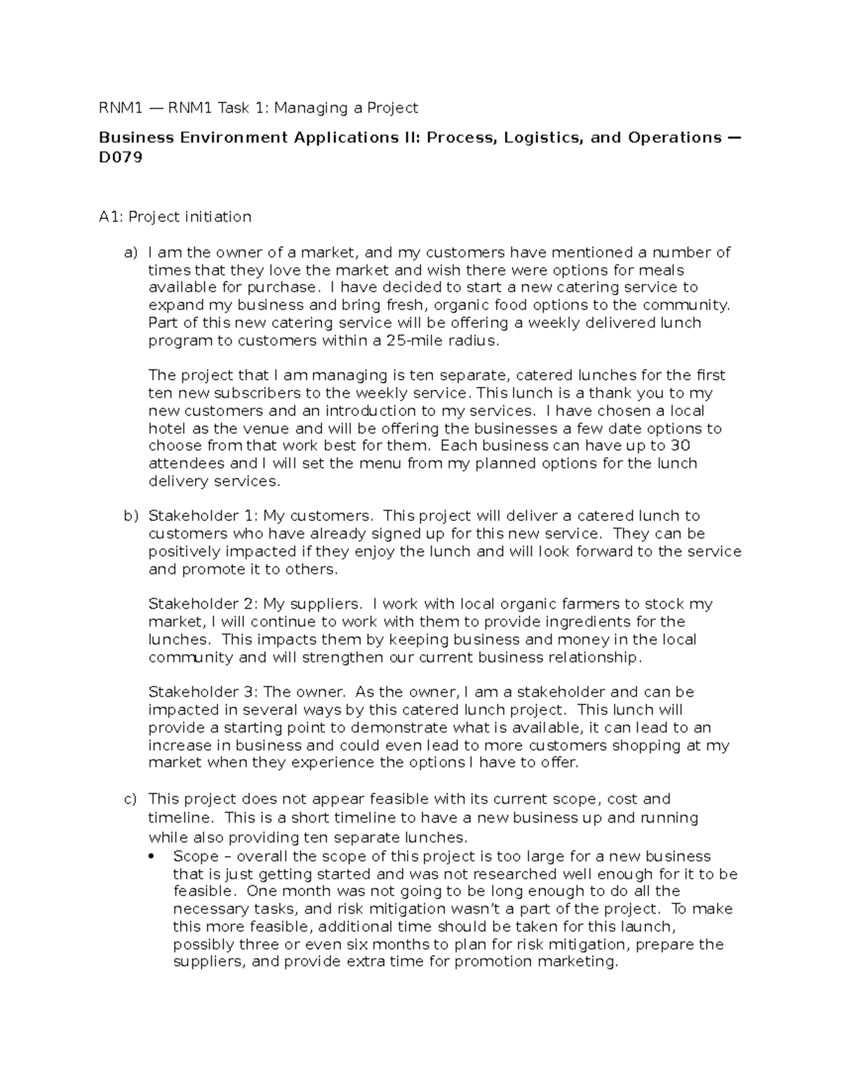 RNM1 D079 Task 1: Project Management for Catering Service - Studocu