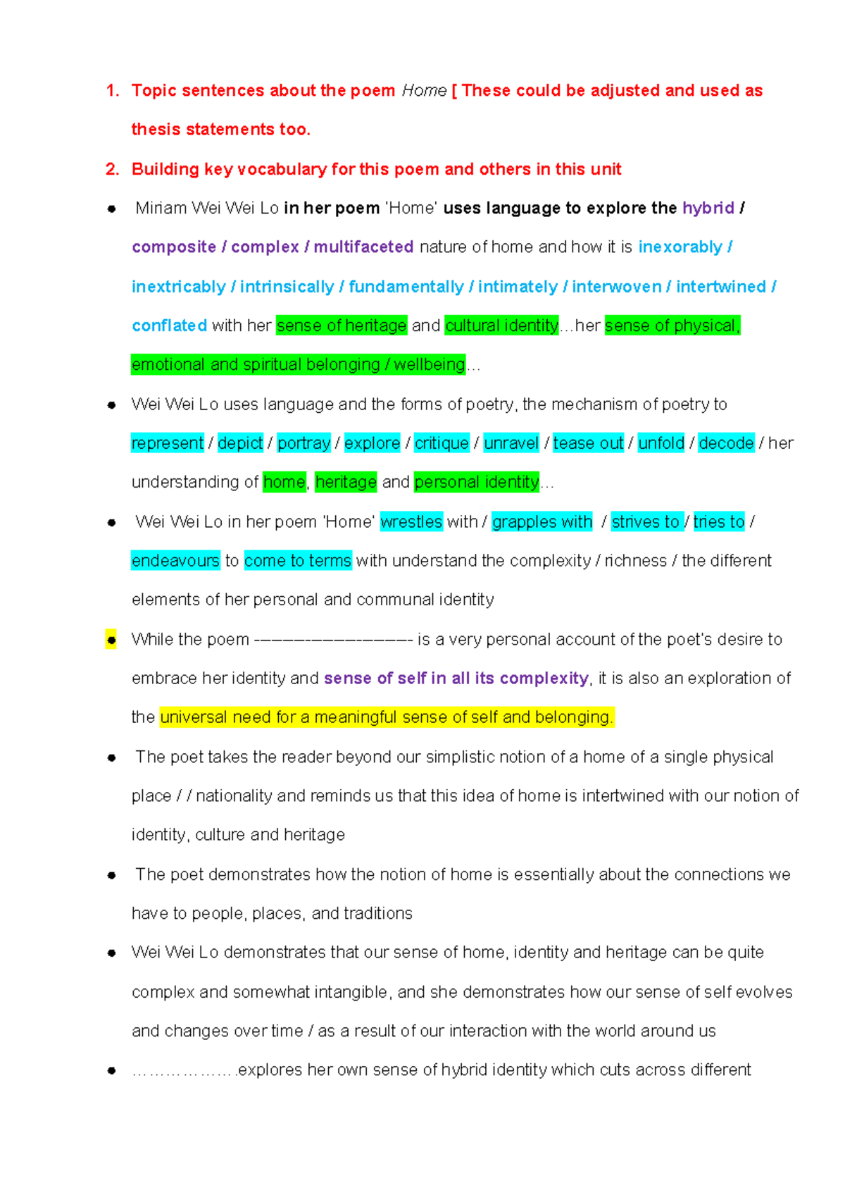 Topic Sentences and Insights on 'Home' Poem Analysis - Studocu