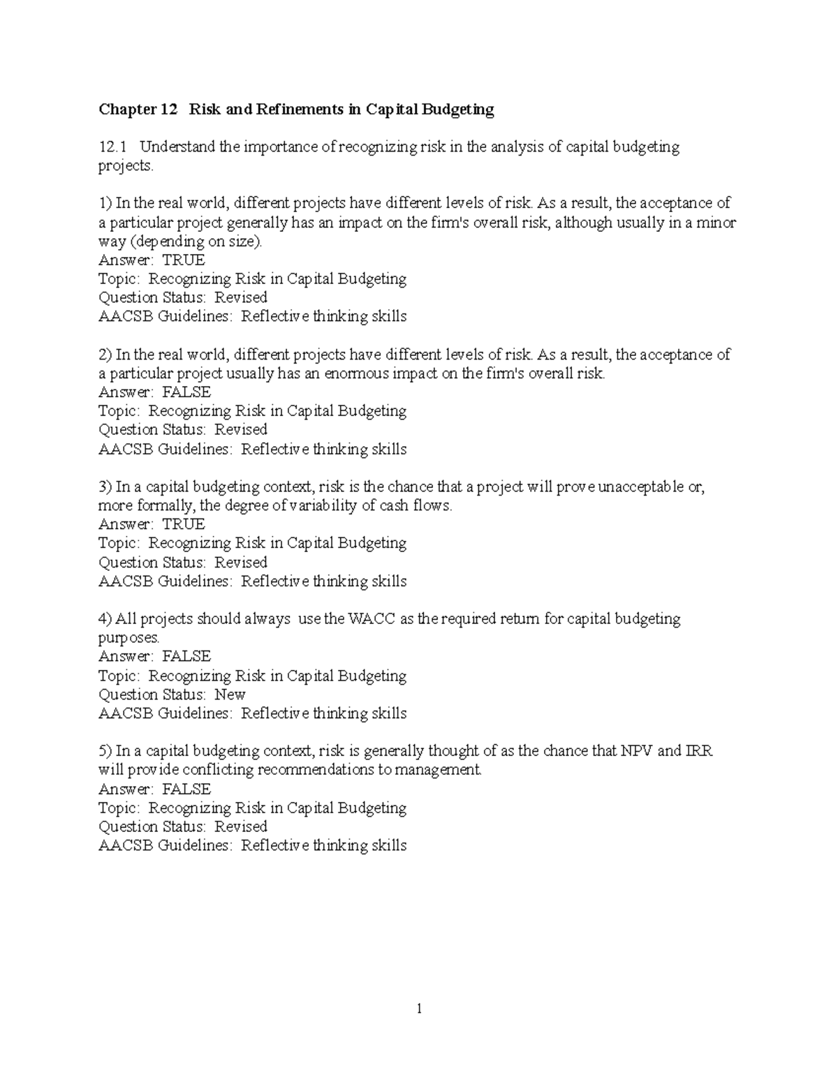 Chapter 12 - Test Bank on Risk in Capital Budgeting (Principles of ...