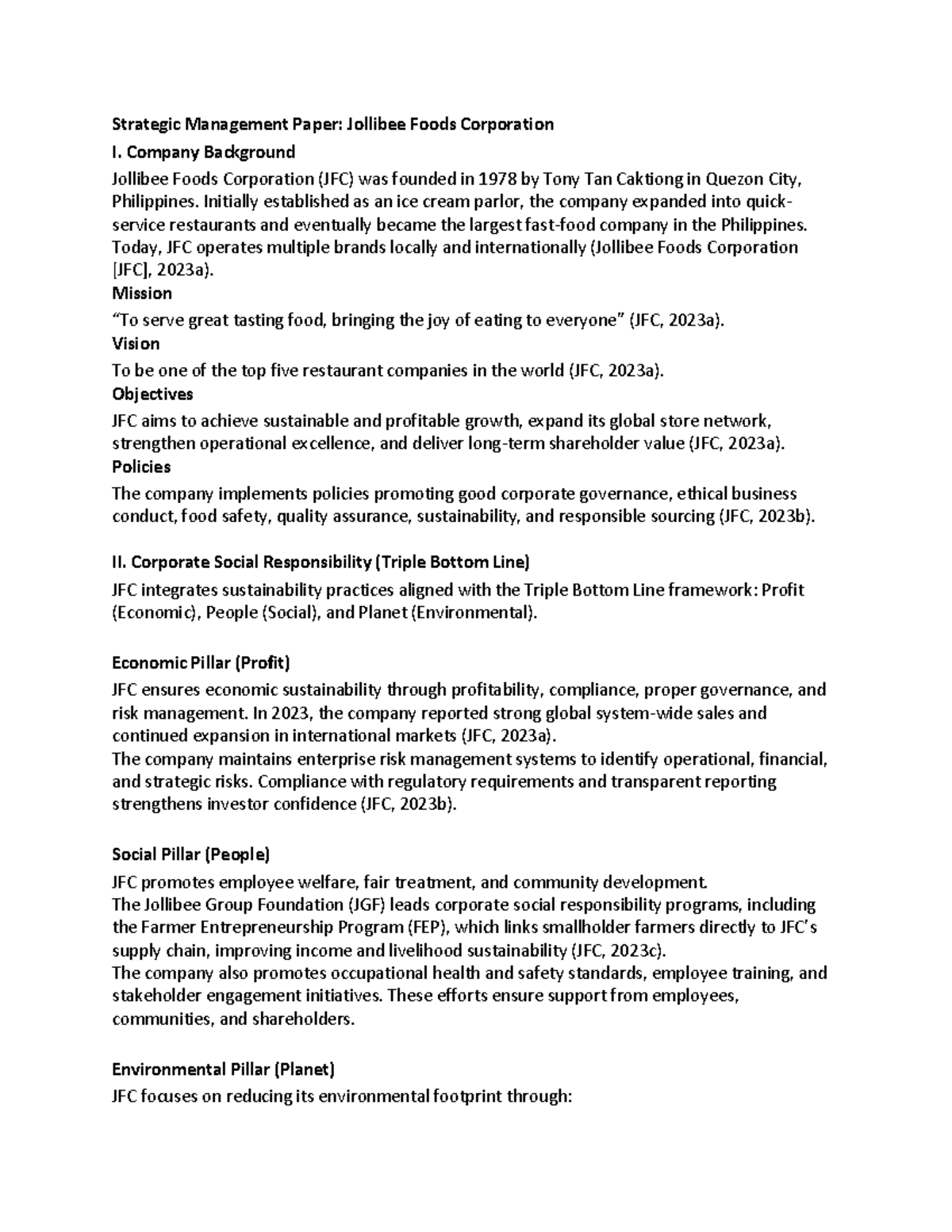 Strategic Management Paper: JFC's Triple Bottom Line & Governance ...