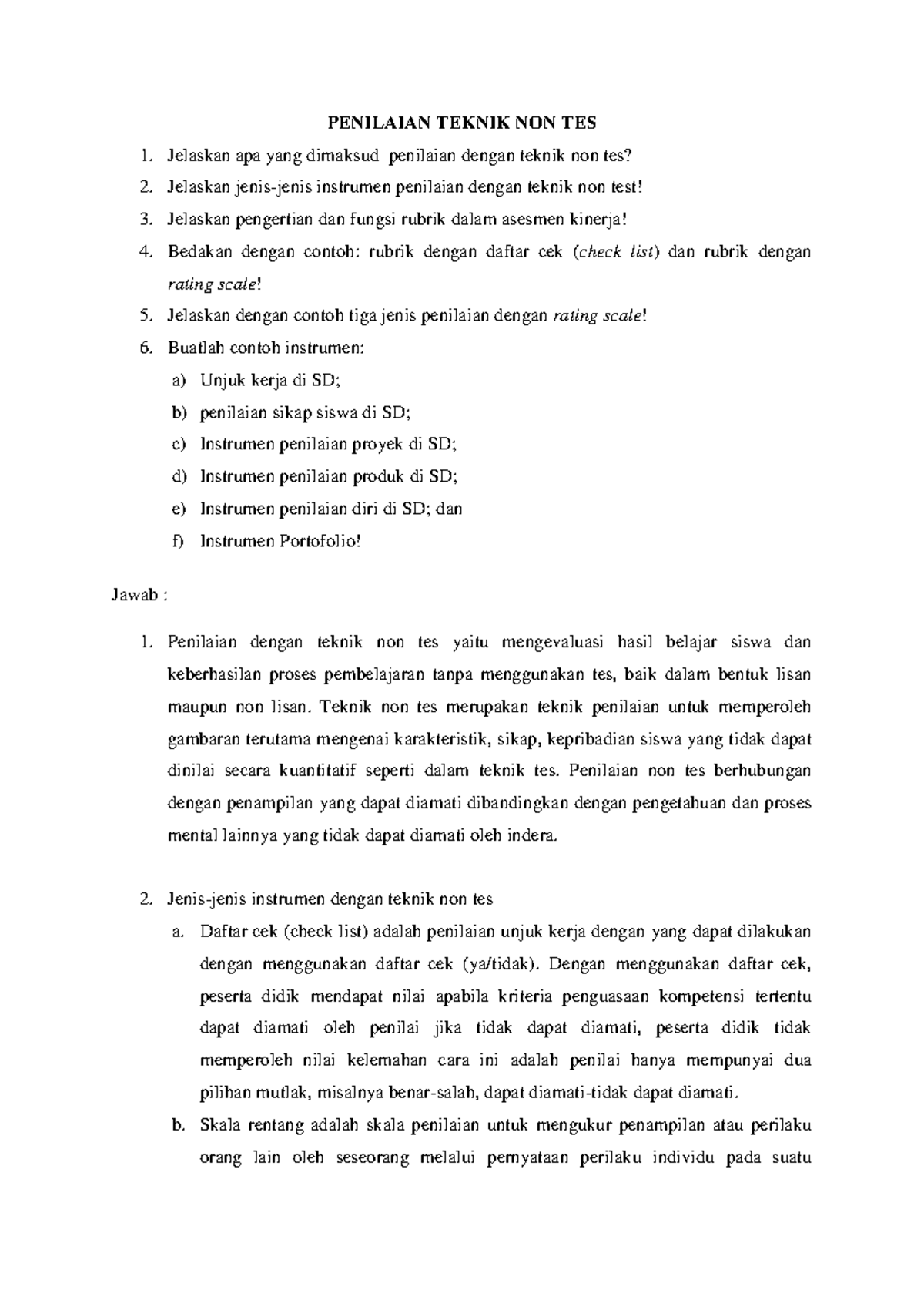 Penilaian Teknik Non Tes di SD: Instrumen dan Contoh Assessments - Studocu