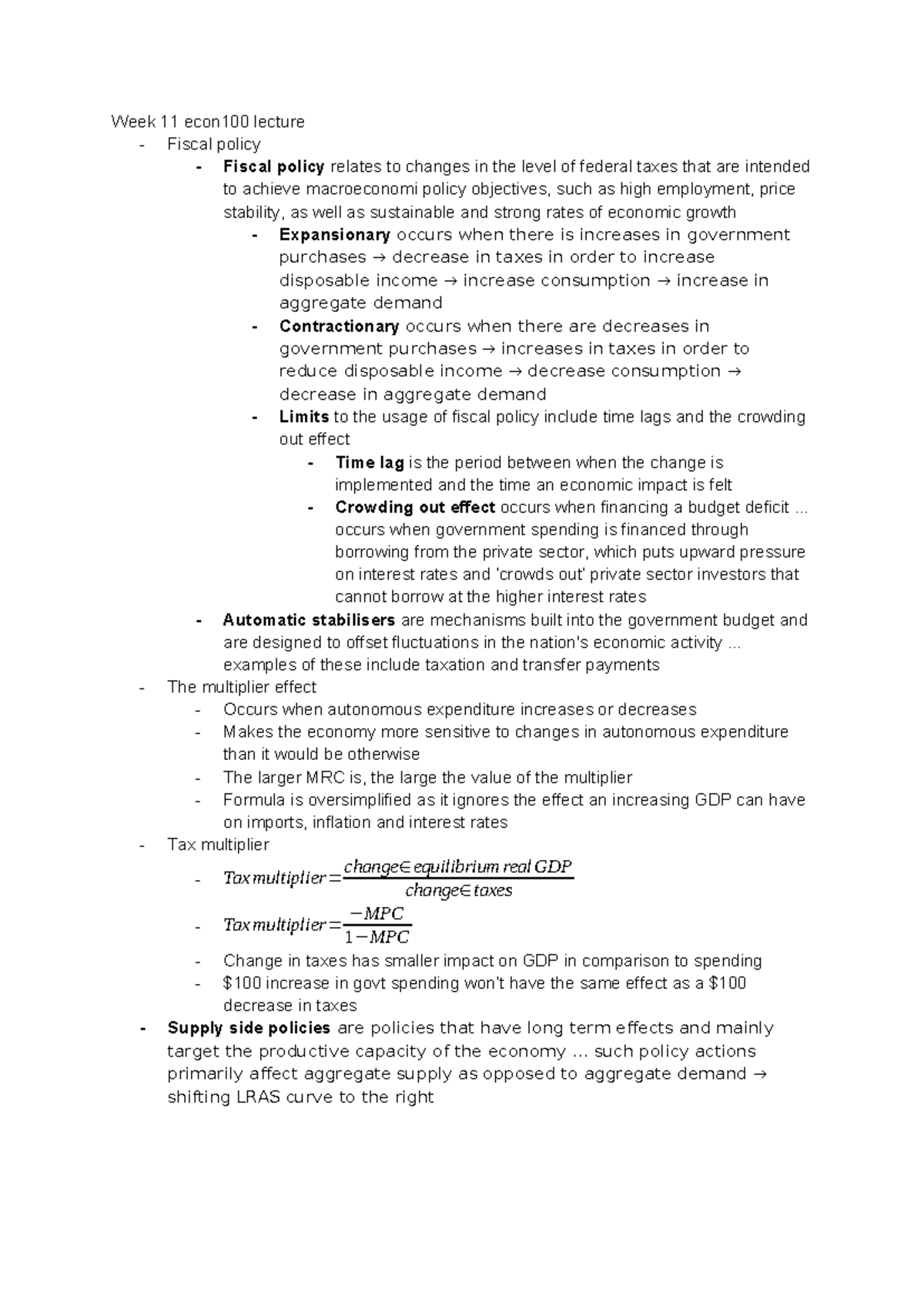 Week 11 ECON100 Lecture: Understanding Fiscal Policy Dynamics - Studocu