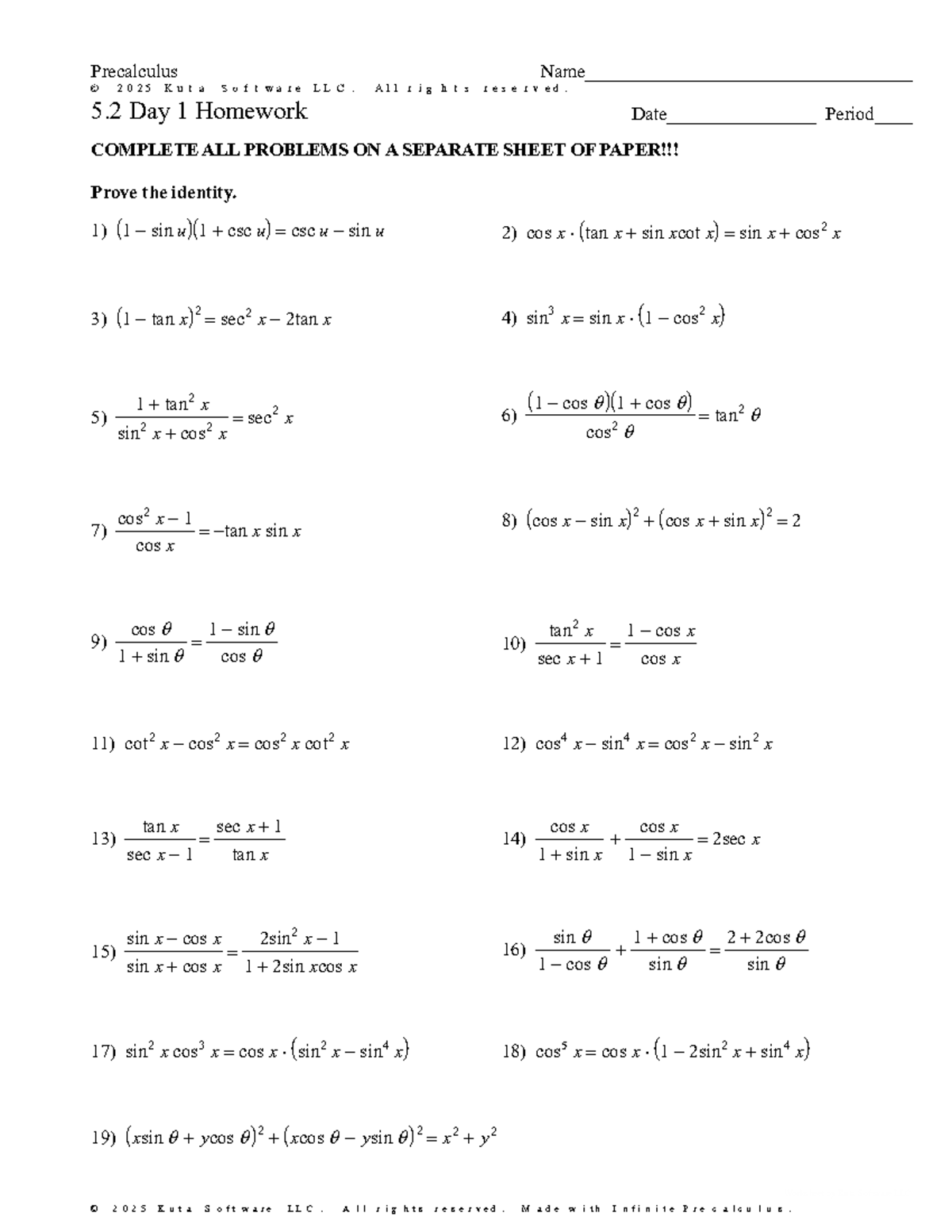 Precalculus 5.2 Day 1 Homework: Identity Proving Problems - Studocu