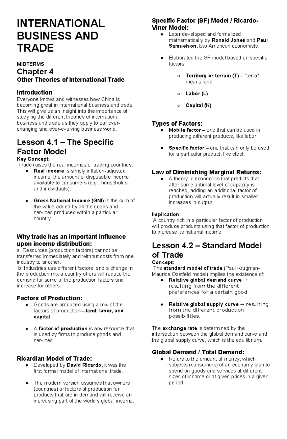IBT 101 Midterms Reviewer: Specific Factor Model & Trade Theories - Studocu