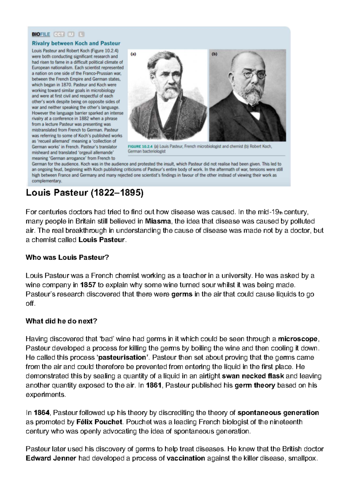 Pasteur and Koch: Contributions to Germ Theory and Disease Prevention ...