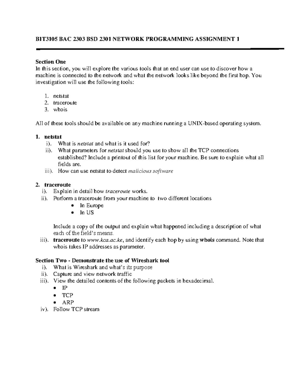 BSD 2301 Network Programming Assignment 1 - BIT3105 BAC 2303 BSD 2301 ...