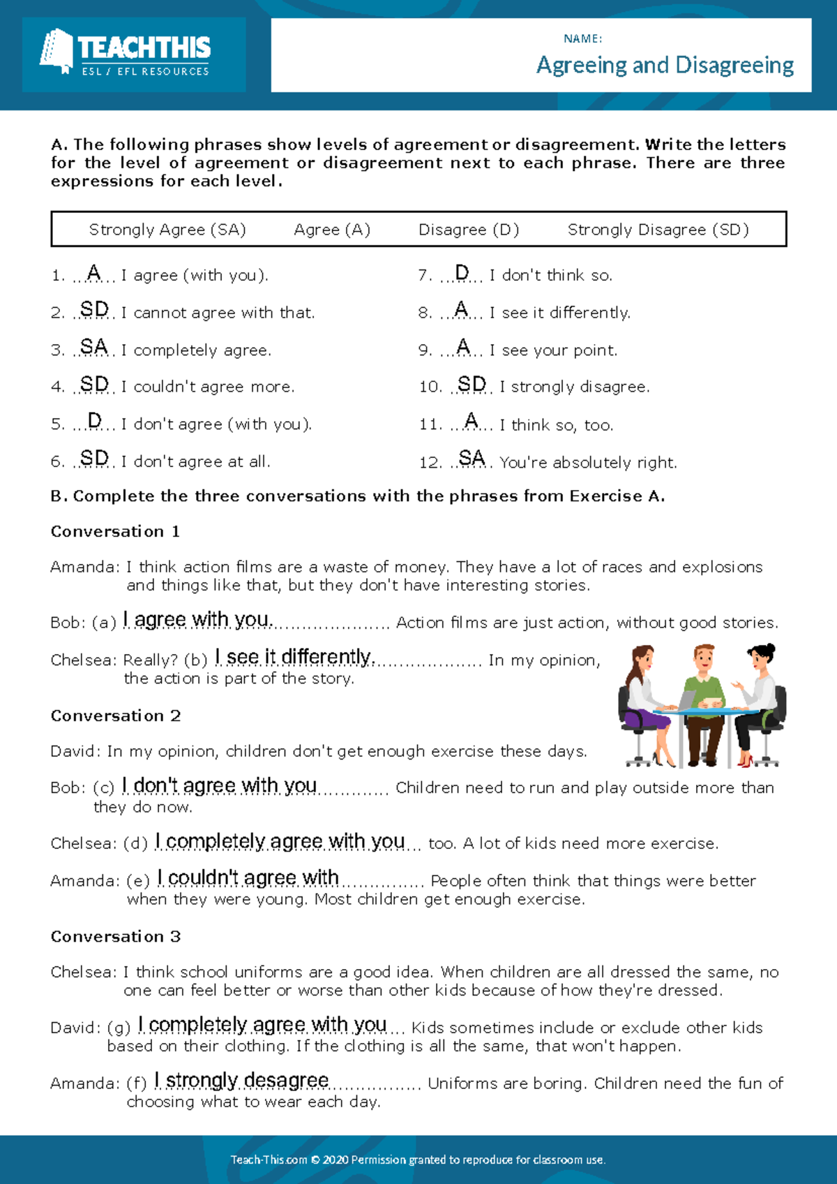 Agreeing and Disagreeing Interactive Worksheet - ESL / EFL RESOURCES A ...