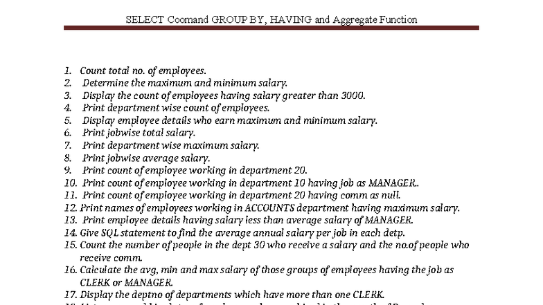 SQL SELECT Command: GROUP BY, HAVING & Aggregate Functions (IET) - Studocu