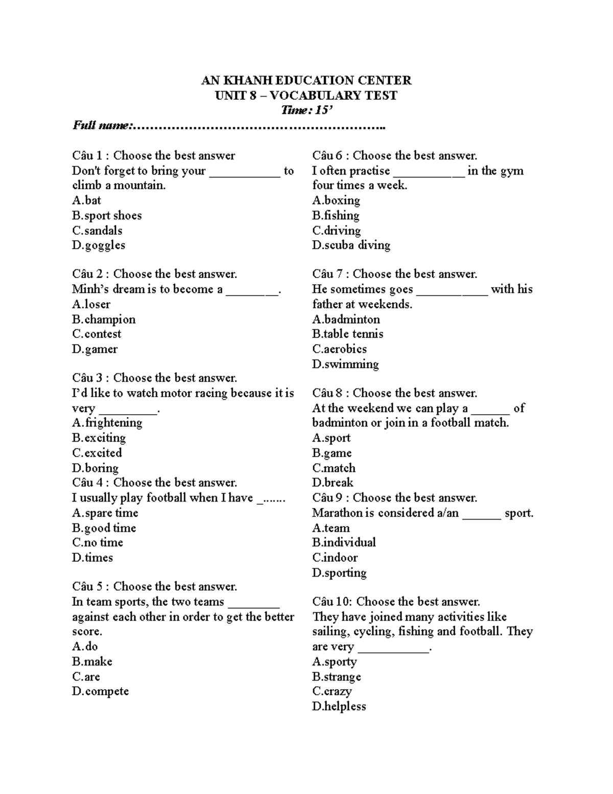AN KHANH EDUCATION CENTER UNIT 8 VOCABULARY TEST - Studocu