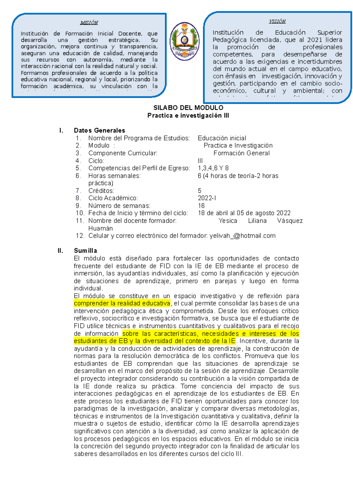 Silabo DEL Modulo Practica E Investigacion - SILABO DEL MODULO Practica e investigación III I ...