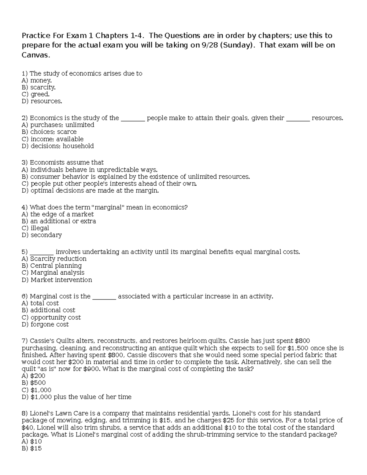 Practice Exam 1: Economics Chapters 1-4 Study Guide - Studocu