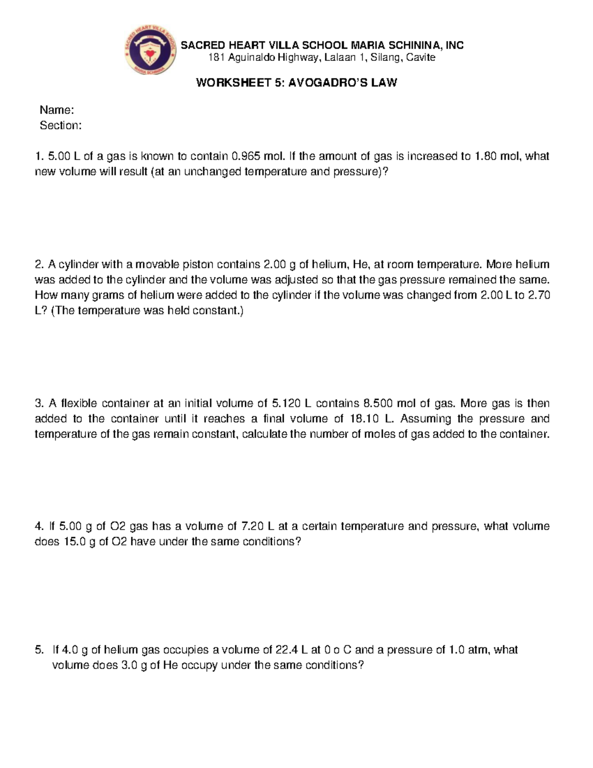Avogadros-LAW- Worksheet - S WORKSHEET 5 : AVOGADRO’S LAW Name: Section ...