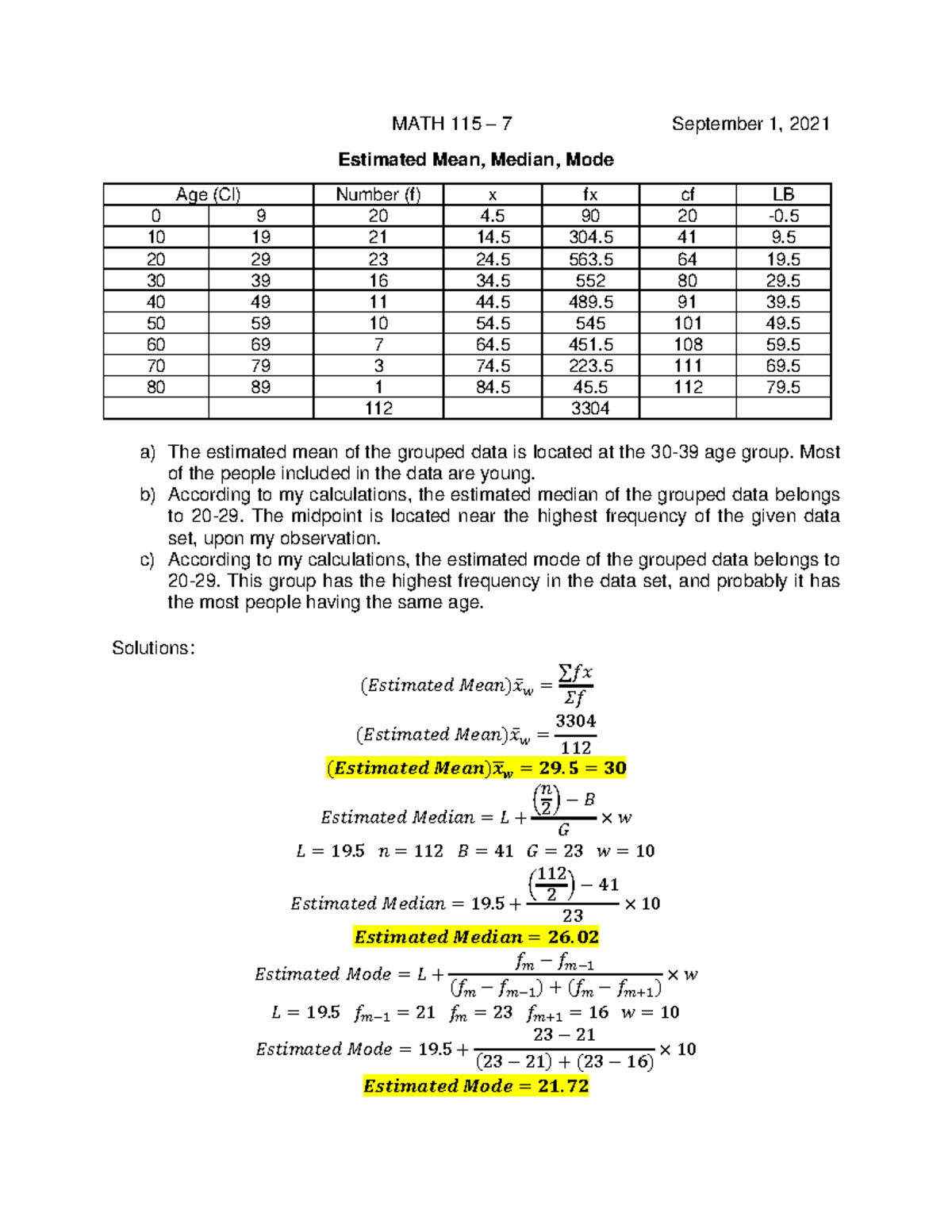 MATH 115 Final Exam: Estimated Mean, Median, Mode Analysis - Studocu