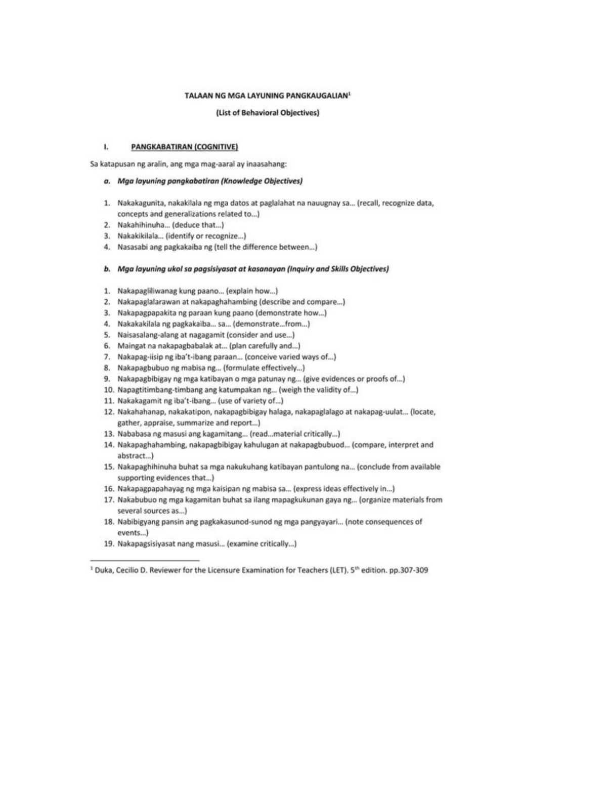 Verbs Checklist for Lesson Objectives in Filipino (LEC 101) - Studocu