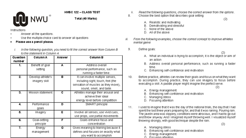 HMSC 122 CLASS TEST II - Goal Setting & Performance Strategies - Studocu