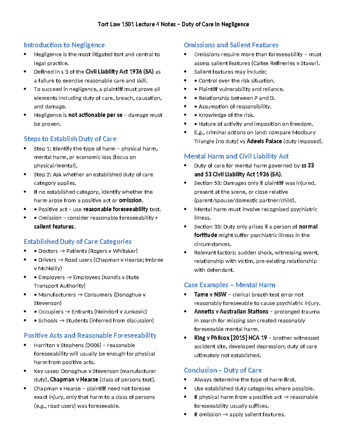 Tort Law 1501 Lecture 4 Notes: Duty of Care in Negligence - Studocu