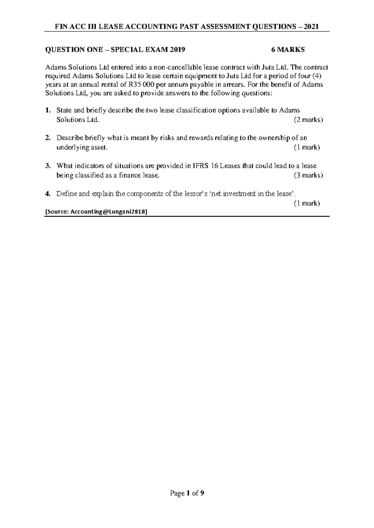 Fin Acc III Lease Accounting Past Assessments Questions 2021 - QUESTION ...