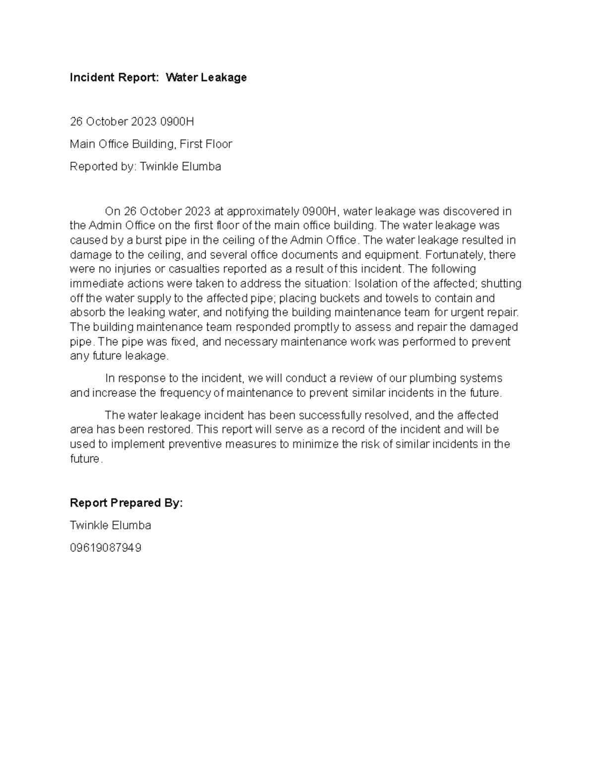 Incident Report: Water Leakage in Main Office Building - Studocu