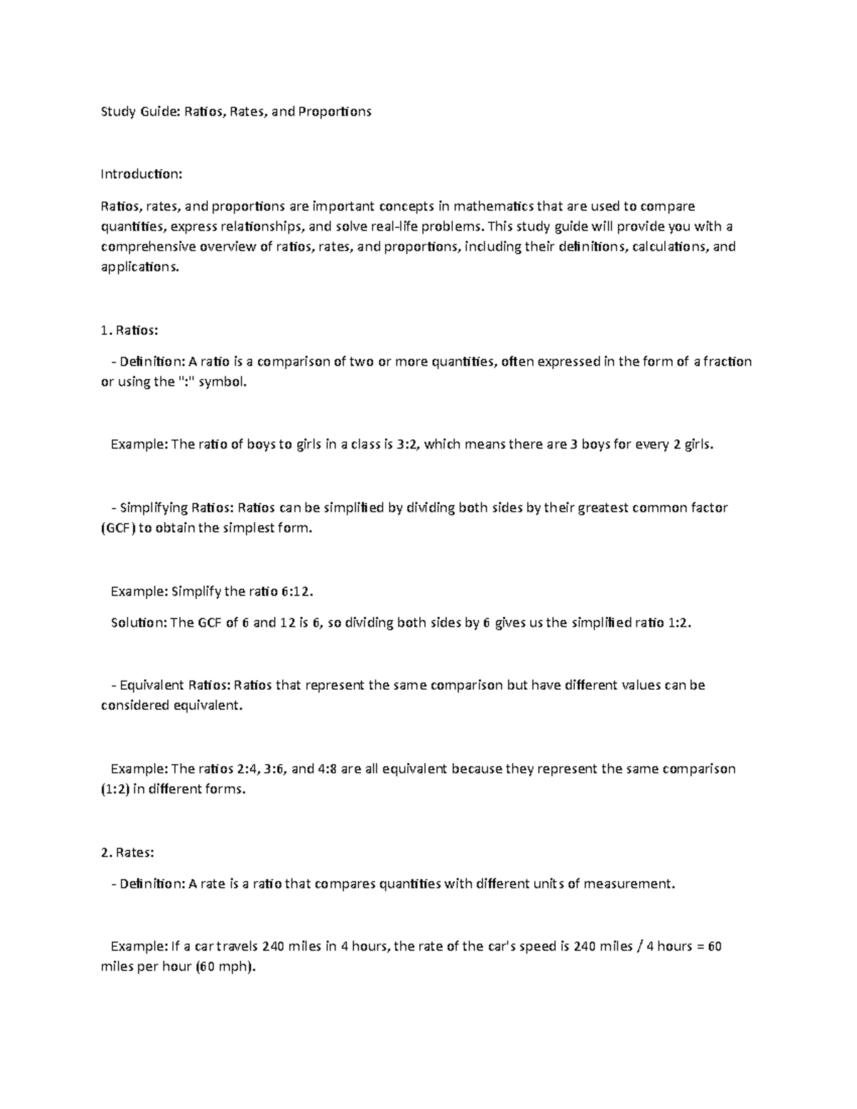 Study Guide: Ratios, Rates, and Proportions (MATH 101) - Studocu