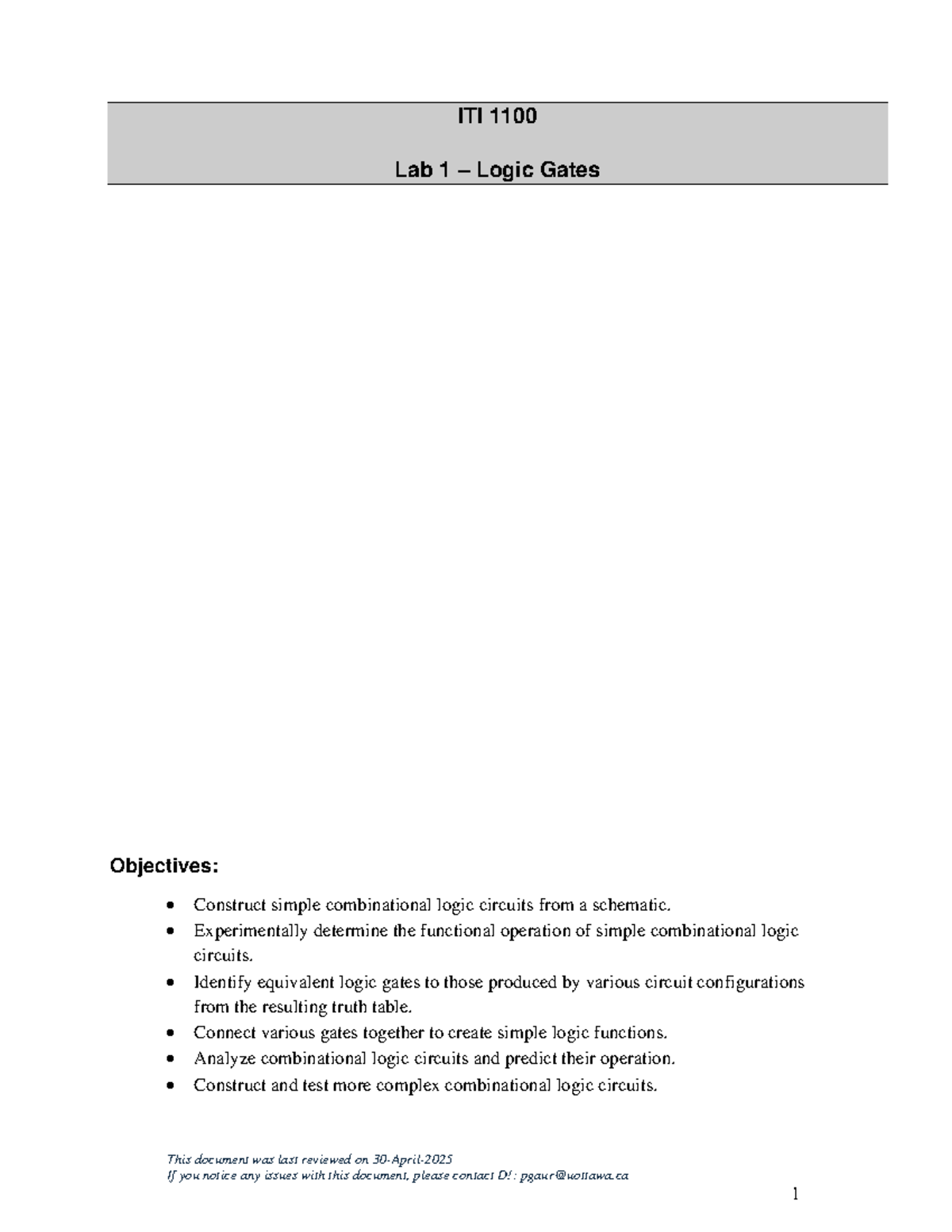 ITI 1100 Lab 1: Combinational Logic Circuits Construction & Analysis ...